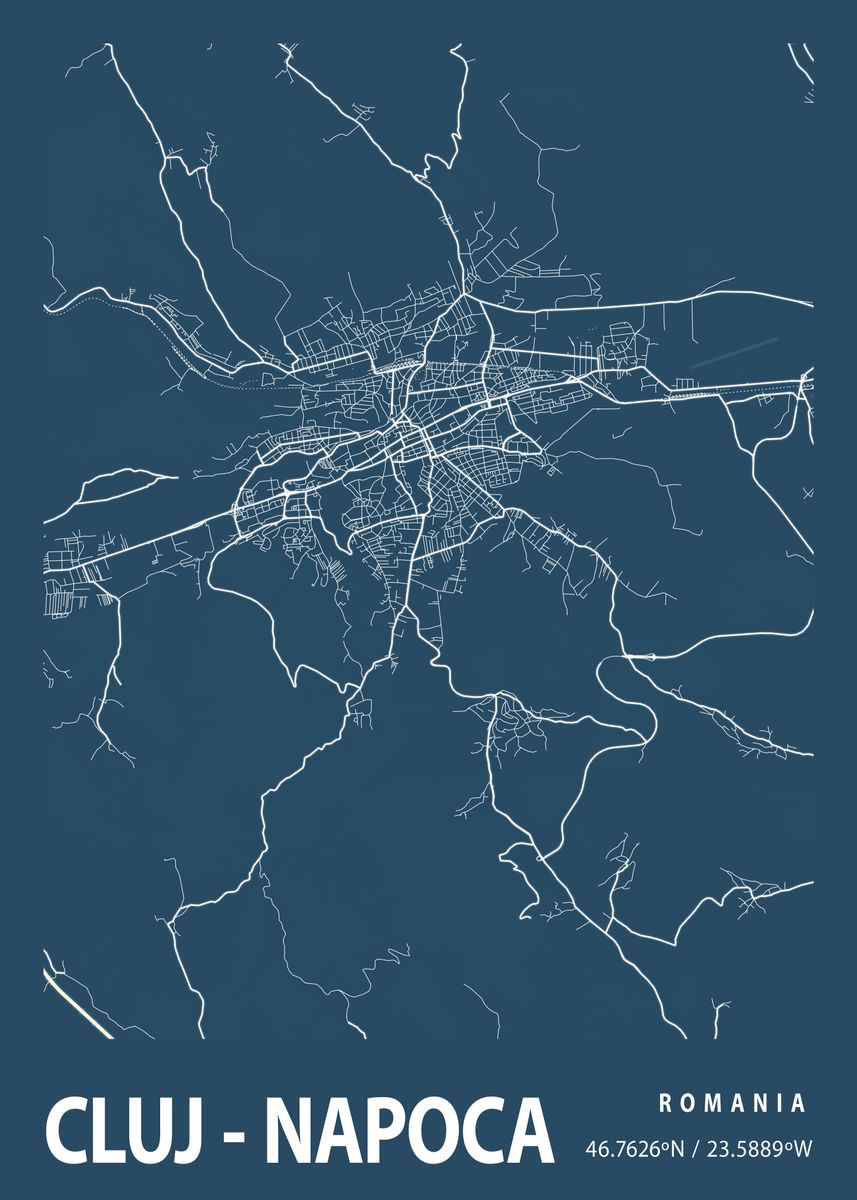'Cluj Napoca Blueprint Map' Poster, picture, metal print, paint by Tien ...