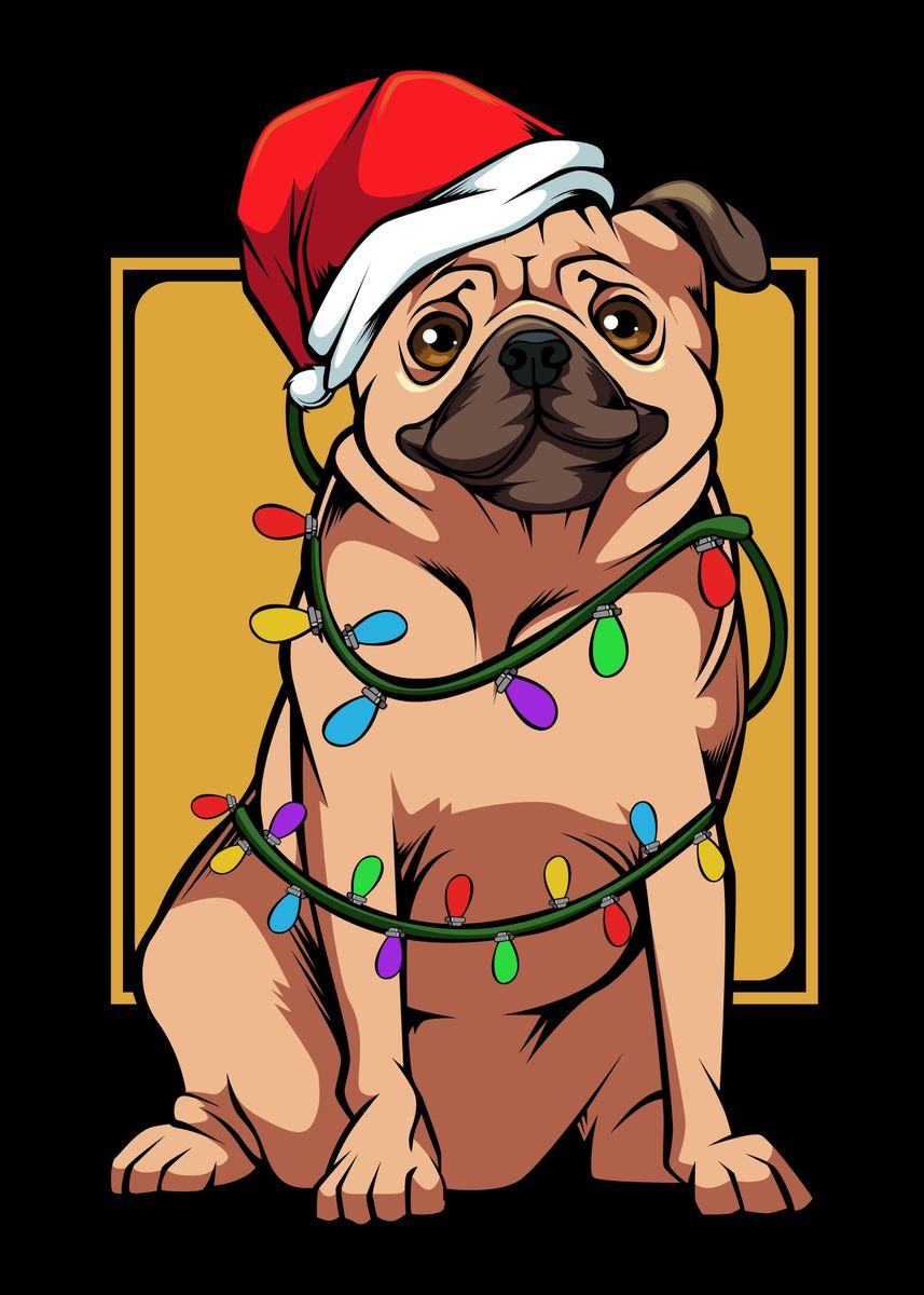 'Pug Santa Christmas Light ' Poster, picture, metal print, paint by ...