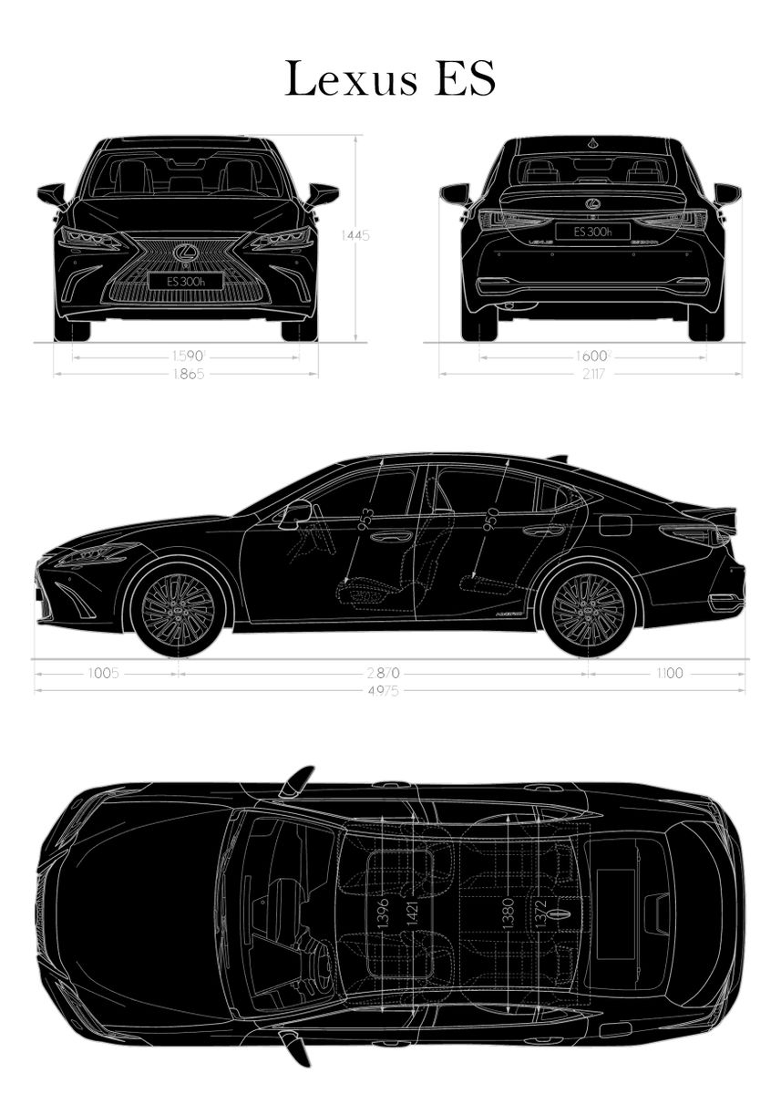 'Lexus ES 2019 Blueprint ' Poster, picture, metal print, paint by B & W ...