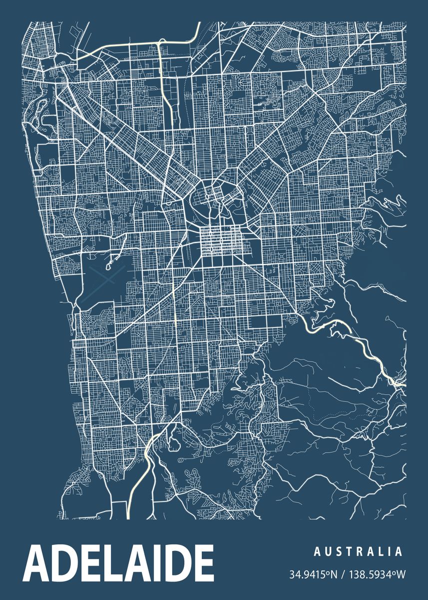 'Adelaide Blueprint Street ' Poster, picture, metal print, paint by ...