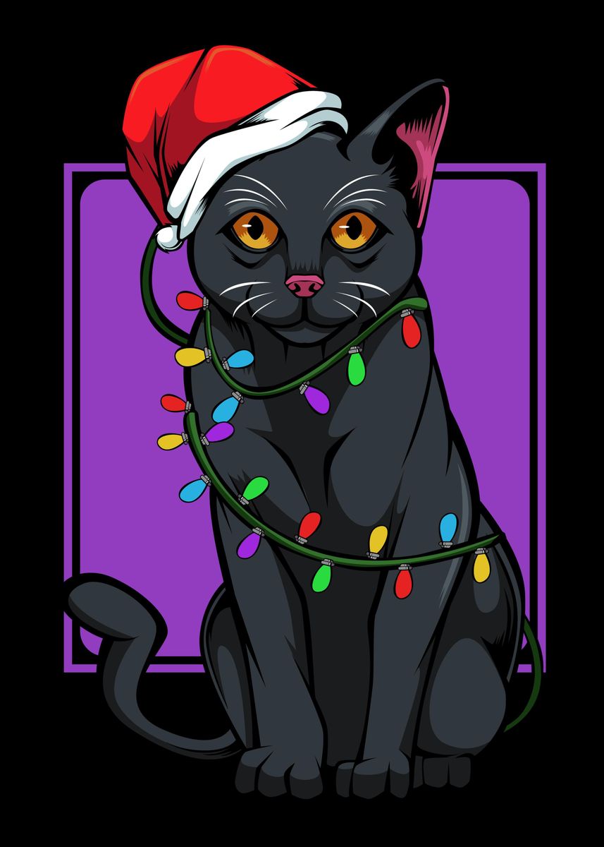 'Santa Black Cat Christmas ' Poster, picture, metal print, paint by ...