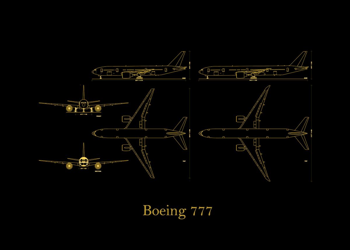 'Boeing 777 Blueprint gold' Poster by B & W Arts | Displate