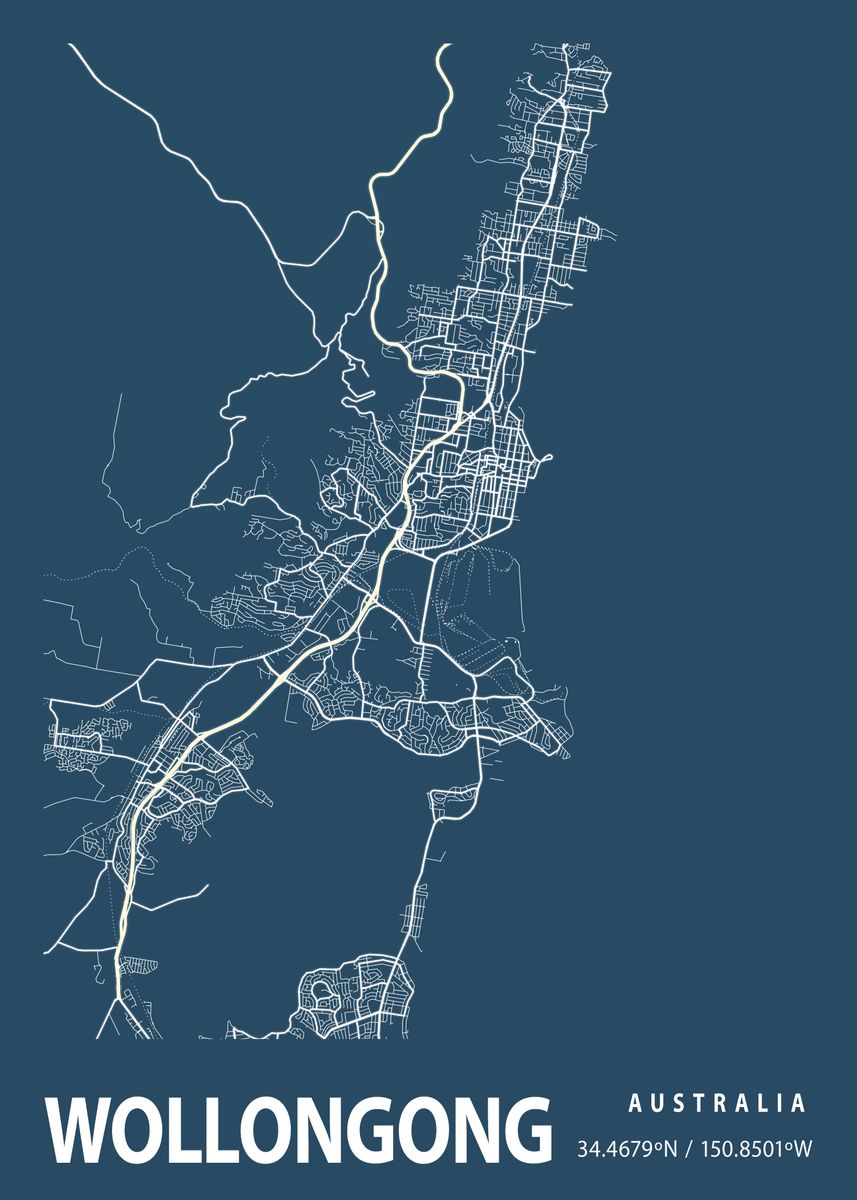 'Wollongong Blueprint Map' Poster, picture, metal print, paint by Tien ...