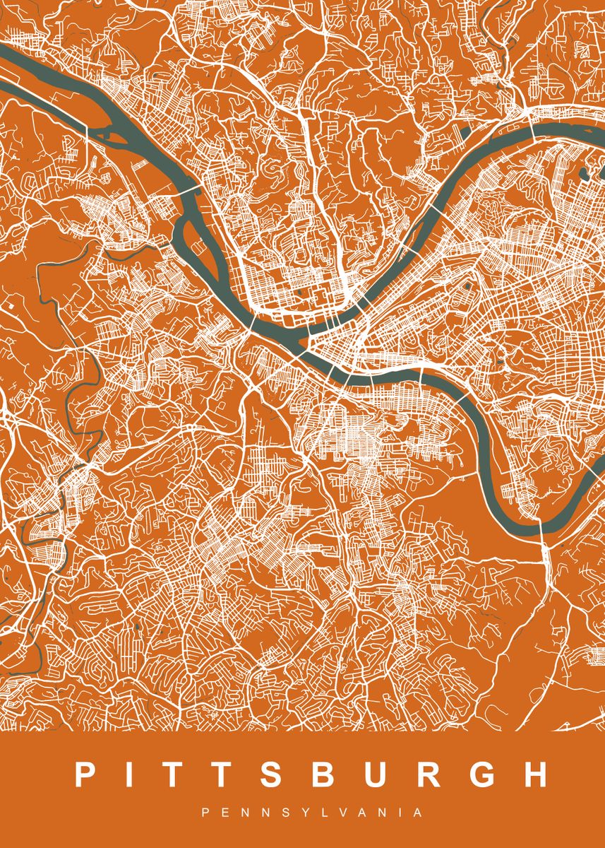 'PITTSBURGH City Map Orange' Poster, picture, metal print, paint by ...