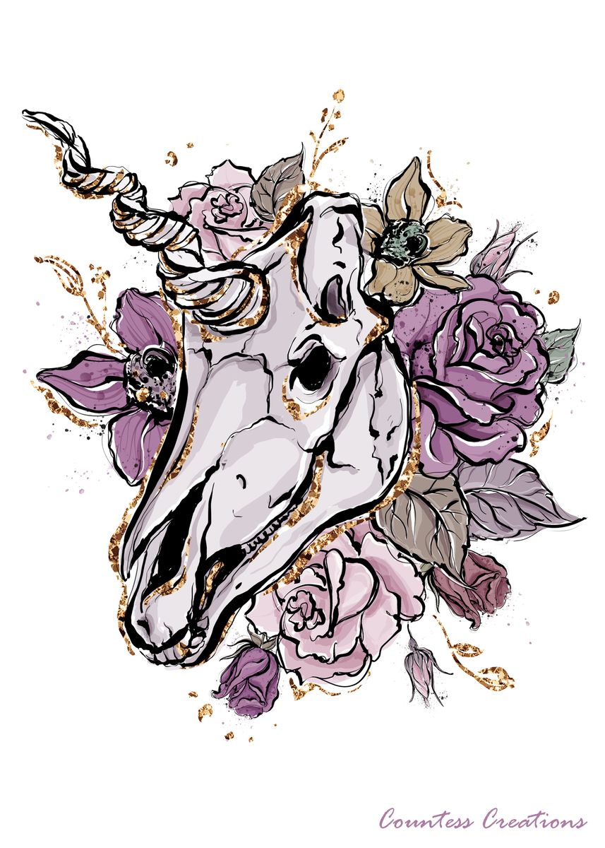 'Unicorn Skull 1 white' Poster, picture, metal print, paint by Countess ...