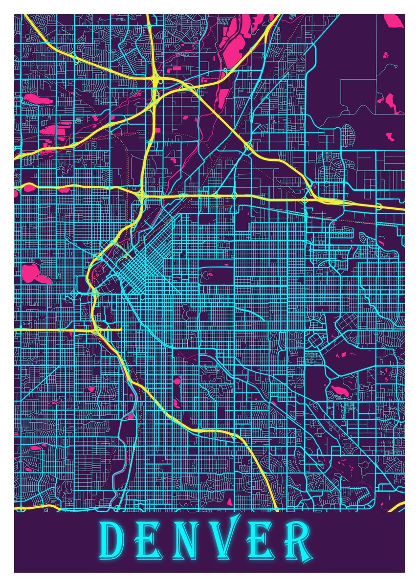 'Denver Neon City Map' Poster, picture, metal print, paint by Tien ...