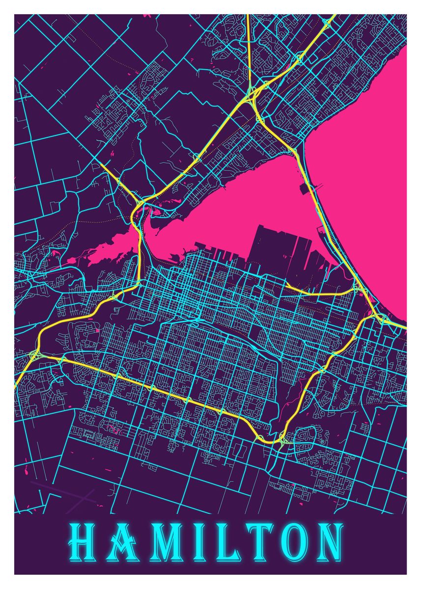 'Hamilton Neon City Map' Poster, picture, metal print, paint by Tien ...