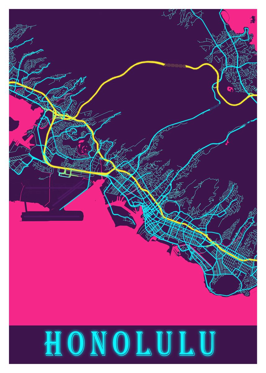 'Honolulu Neon City Map' Poster, picture, metal print, paint by Tien ...