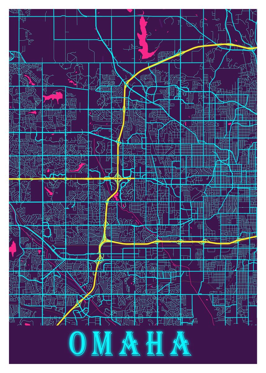 'Omaha Neon City Map' Poster, picture, metal print, paint by Tien ...