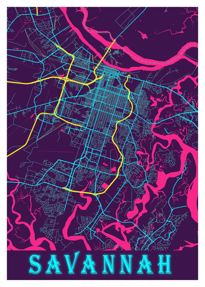 'Savannah Neon City Map' Poster, picture, metal print, paint by Tien ...