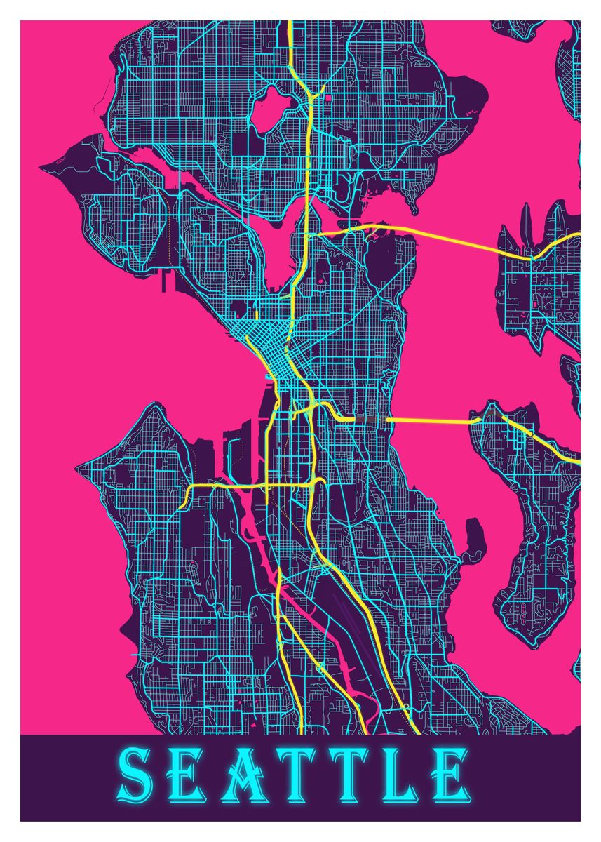 'Seattle Neon City Map' Poster, picture, metal print, paint by Tien ...