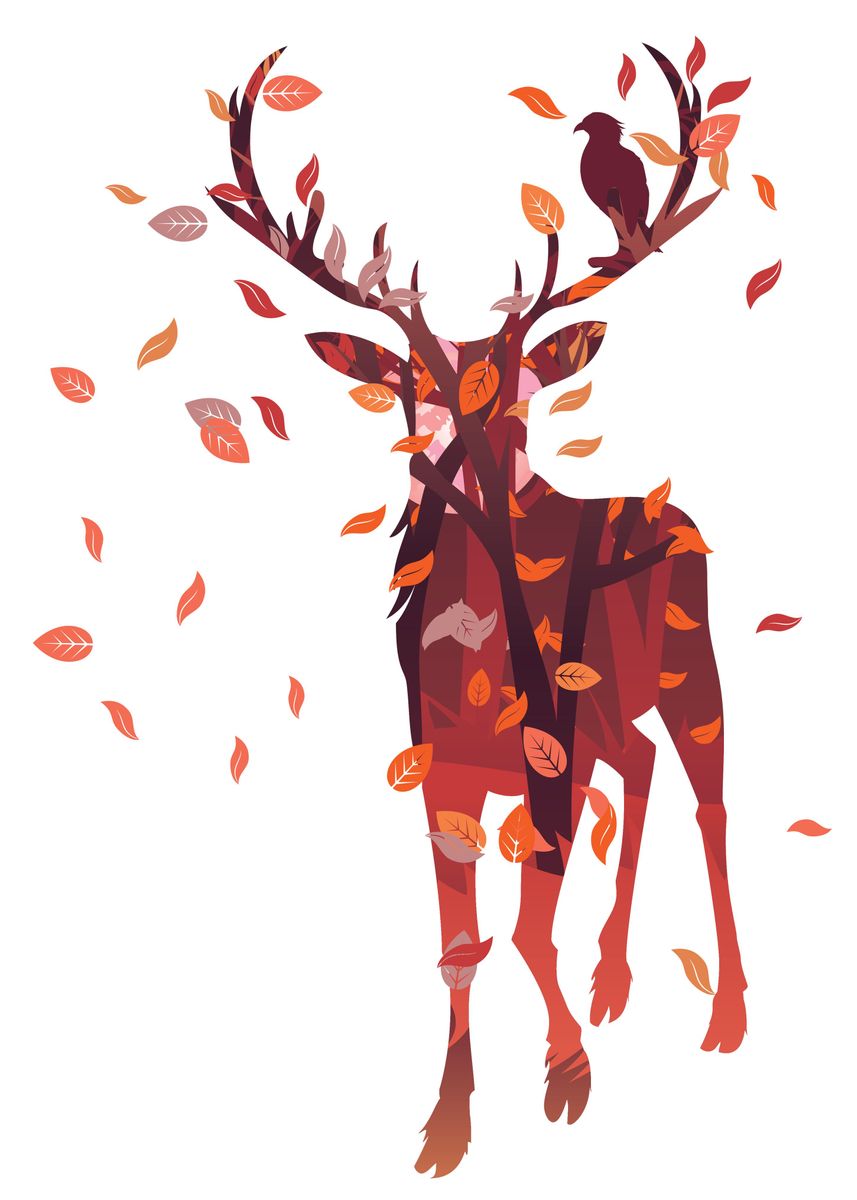 'Deer with fall forest' Poster, picture, metal print, paint by ...