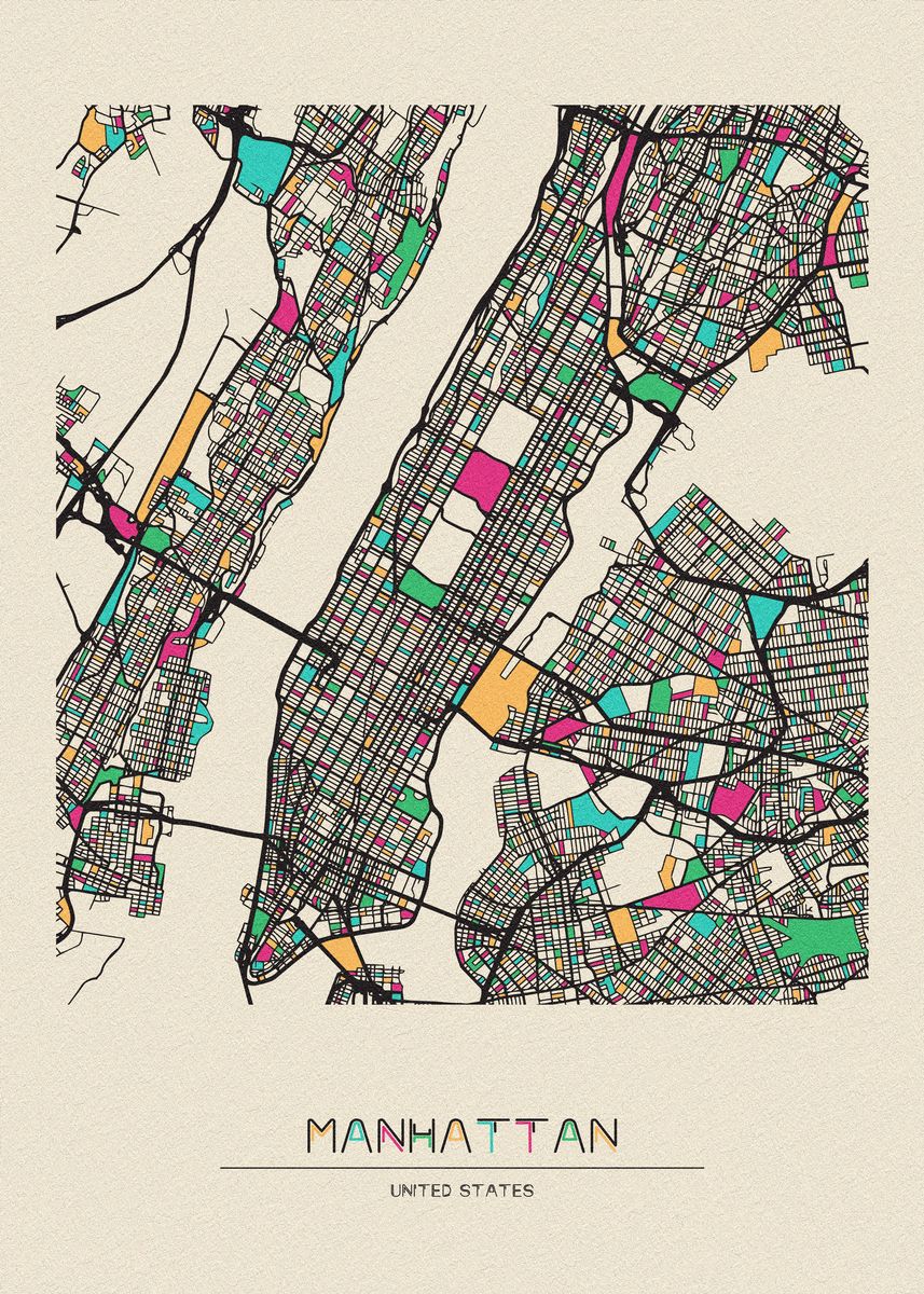 'Manhattan Map' Poster, picture, metal print, paint by Deniz A. | Displate