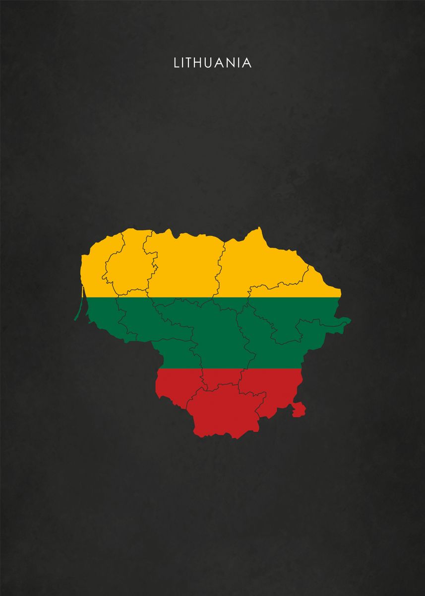 'Lithuania Flag Map' Poster, picture, metal print, paint by Alo | Displate