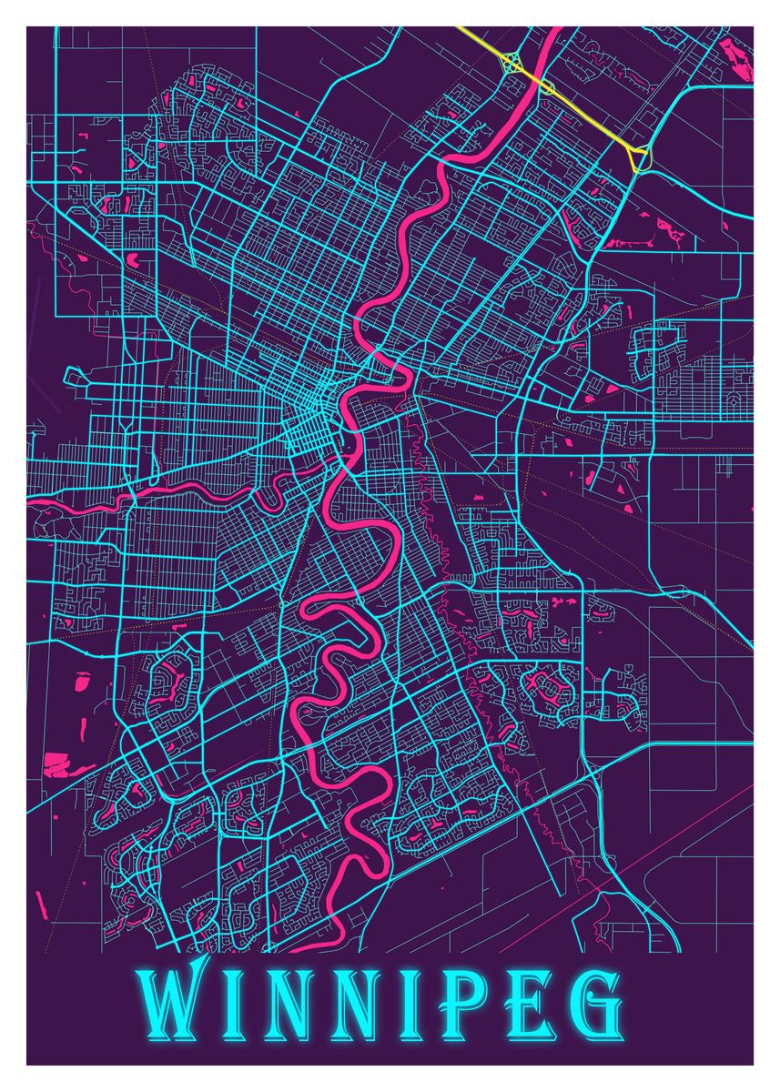 'Winnipeg Neon City Map' Poster, picture, metal print, paint by Tien ...