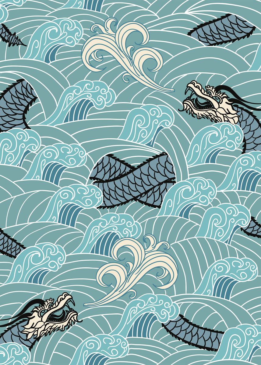 'Japanese Dragon Waves' Poster, picture, metal print, paint by ...