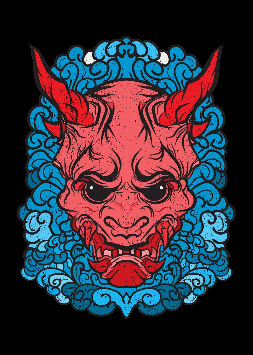 'Oni Demon on blue waves' Poster, picture, metal print, paint by ...