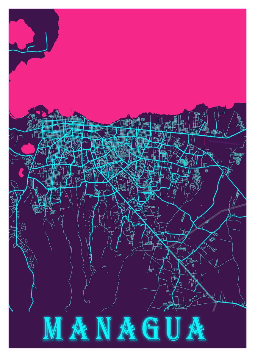 'Managua Neon City Map' Poster, picture, metal print, paint by Tien ...