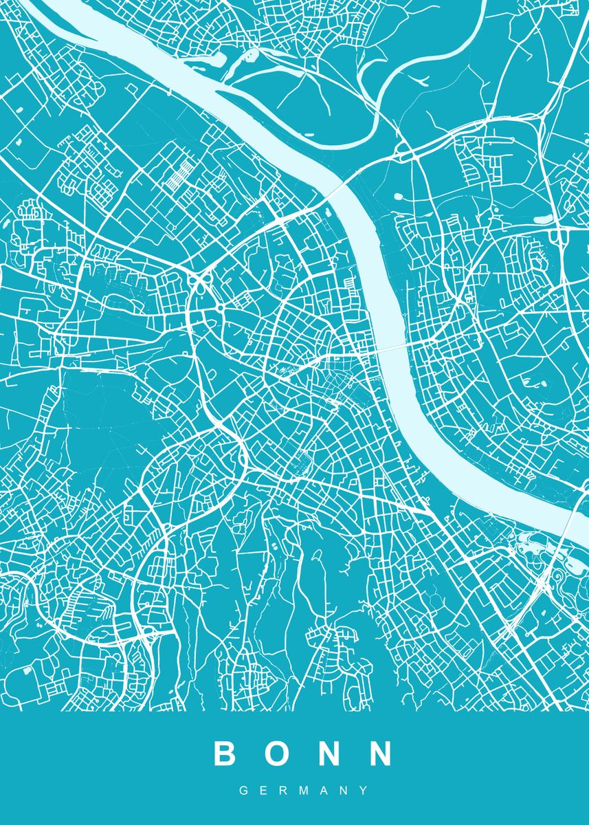 'Bonn Map Germany Aqua' Poster, picture, metal print, paint by ...