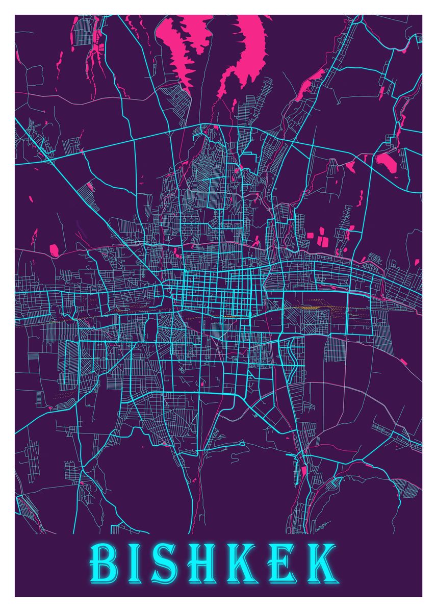 'Bishkek Neon City Map' Poster by Tien Stencil | Displate