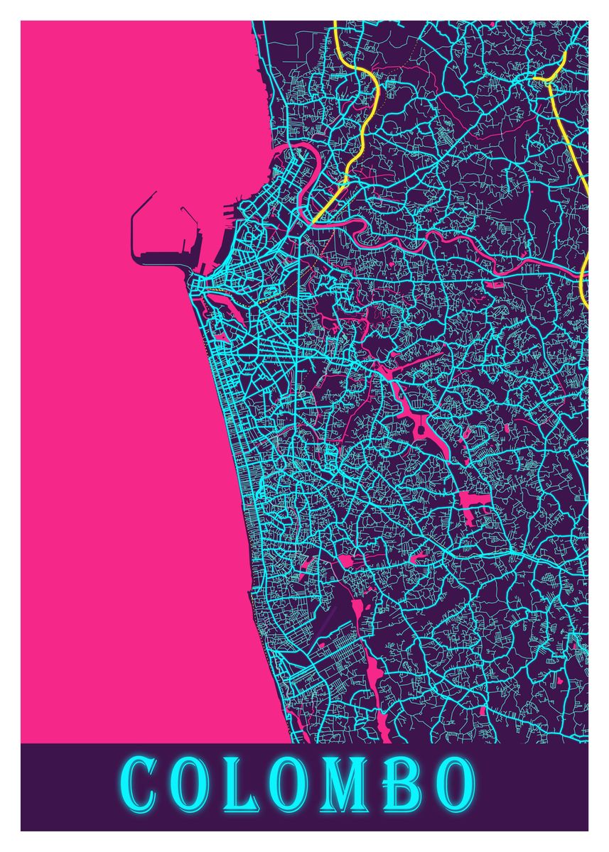 'Colombo Neon City Map' Poster, picture, metal print, paint by Tien ...