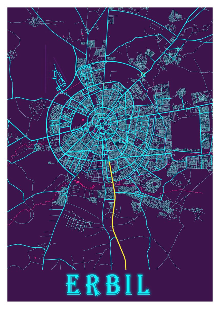 'Erbil Neon City Map' Poster by Tien Stencil | Displate