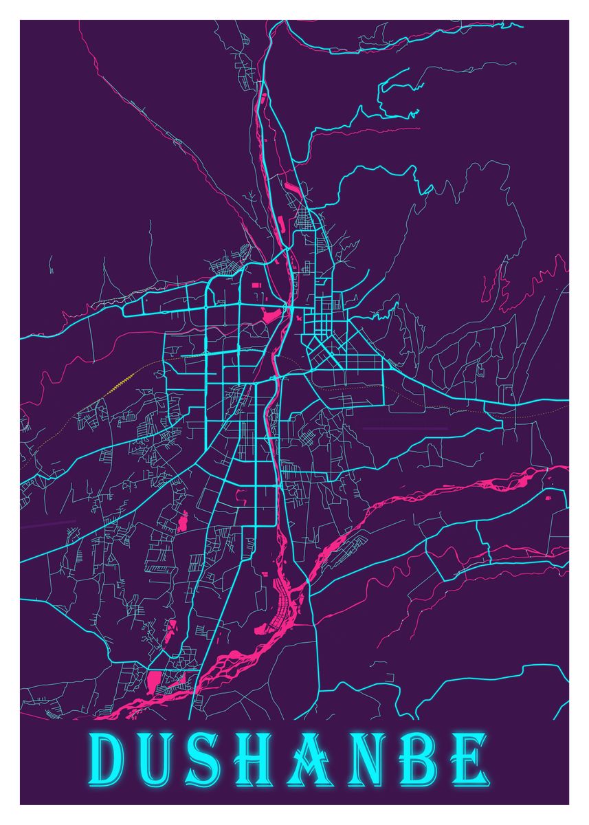 'Dushanbe Neon City Map' Poster by Tien Stencil | Displate