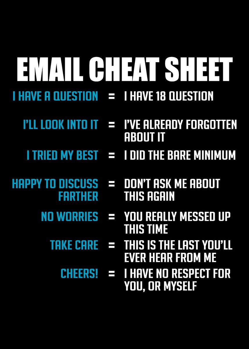 'Mail Cheat Sheet Hardworki' Poster, picture, metal print, paint by ...