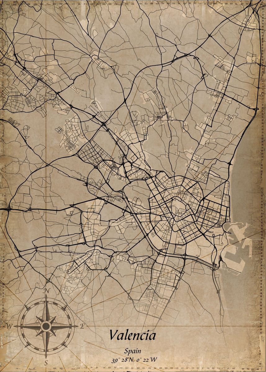 'Valencia Spain vintage map' Poster, picture, metal print, paint by ...