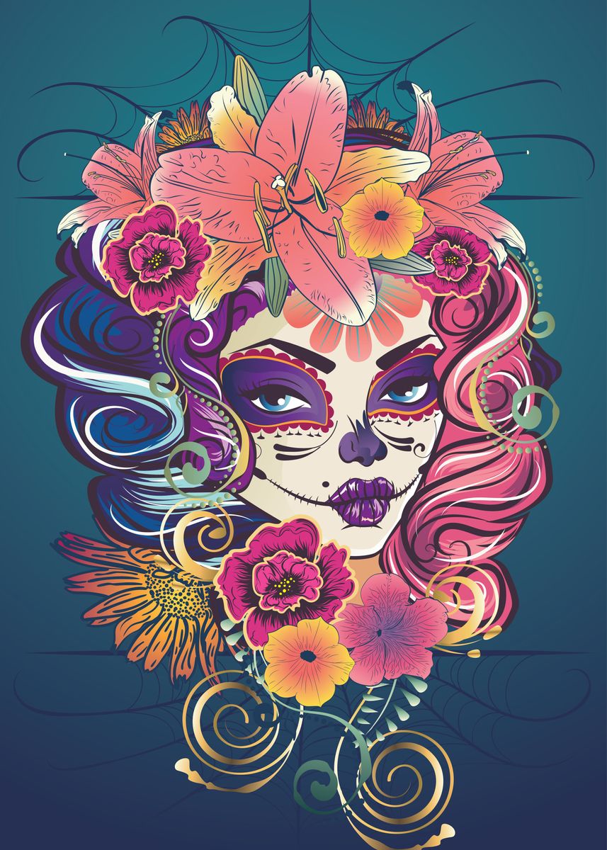 'Calavera woman and flowers' Poster, picture, metal print, paint by ...