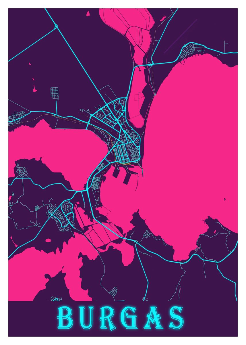 'Burgas Neon City Map' Poster, picture, metal print, paint by Tien ...