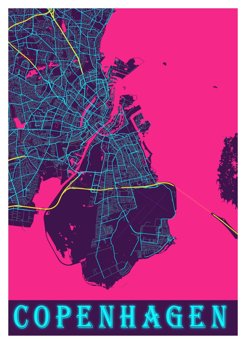 'Copenhagen Neon City Map' Poster, picture, metal print, paint by Tien ...