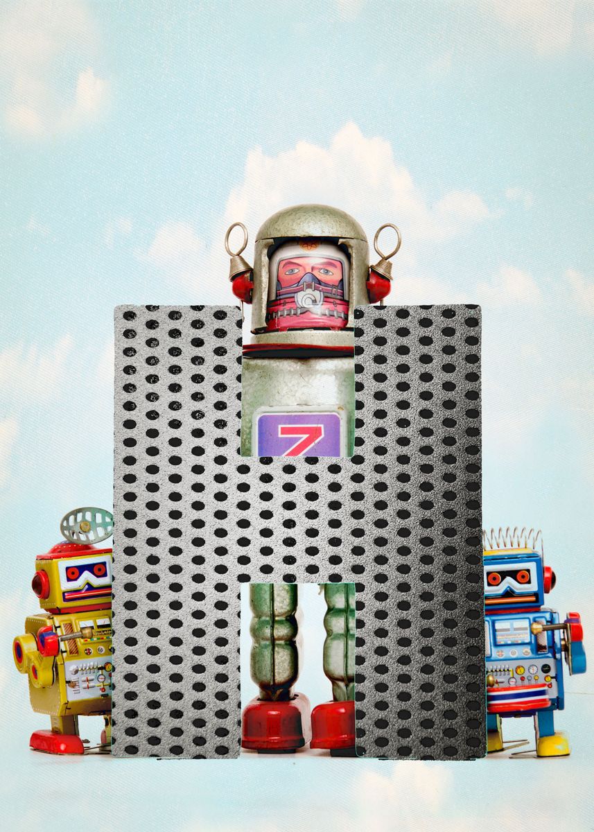'Big letter H retro robots' Poster, picture, metal print, paint by ...