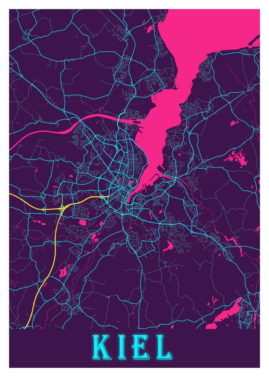 'Kiel Neon City Map' Poster, picture, metal print, paint by Tien ...