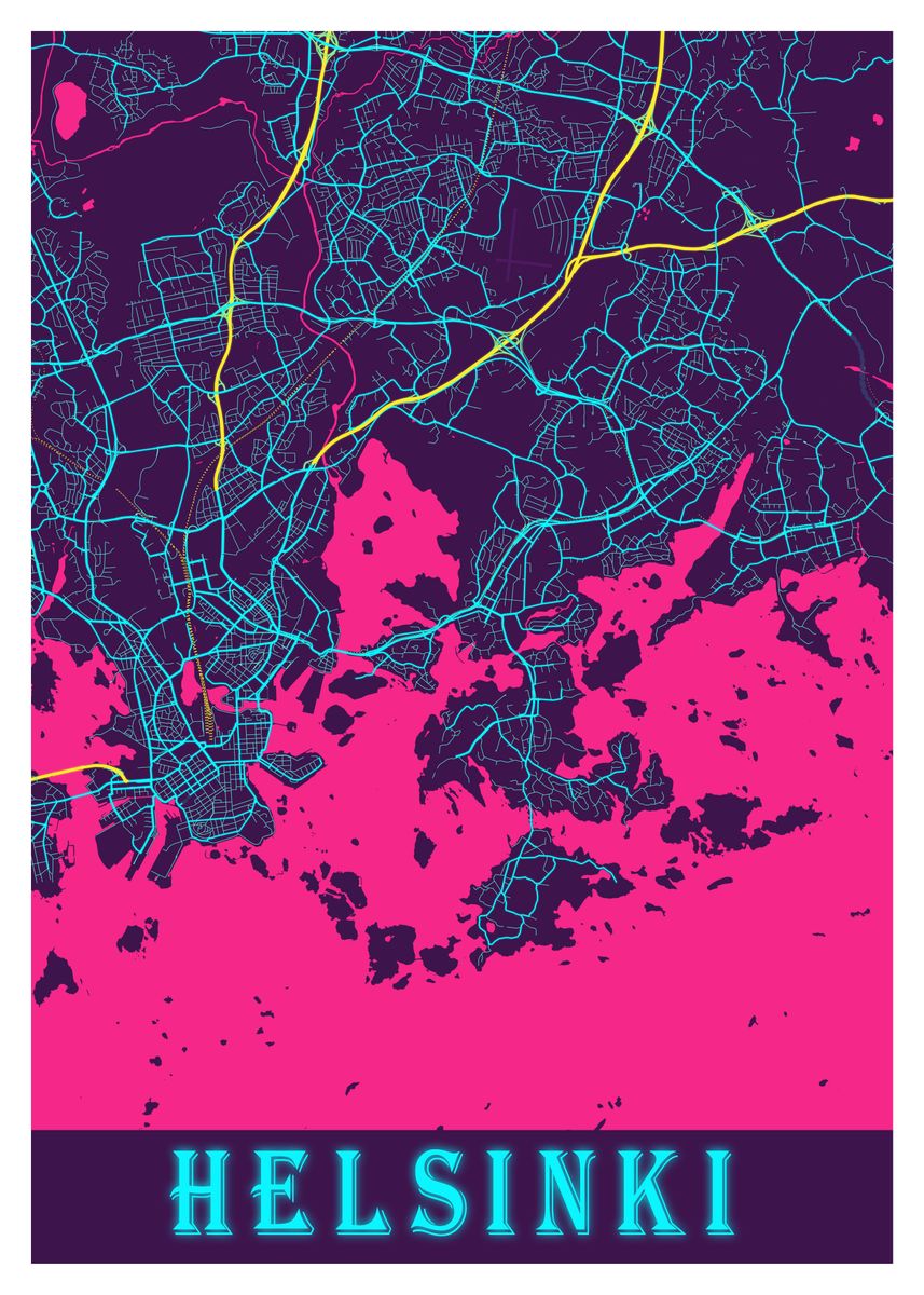 'Helsinki Neon City Map' Poster, picture, metal print, paint by Tien ...