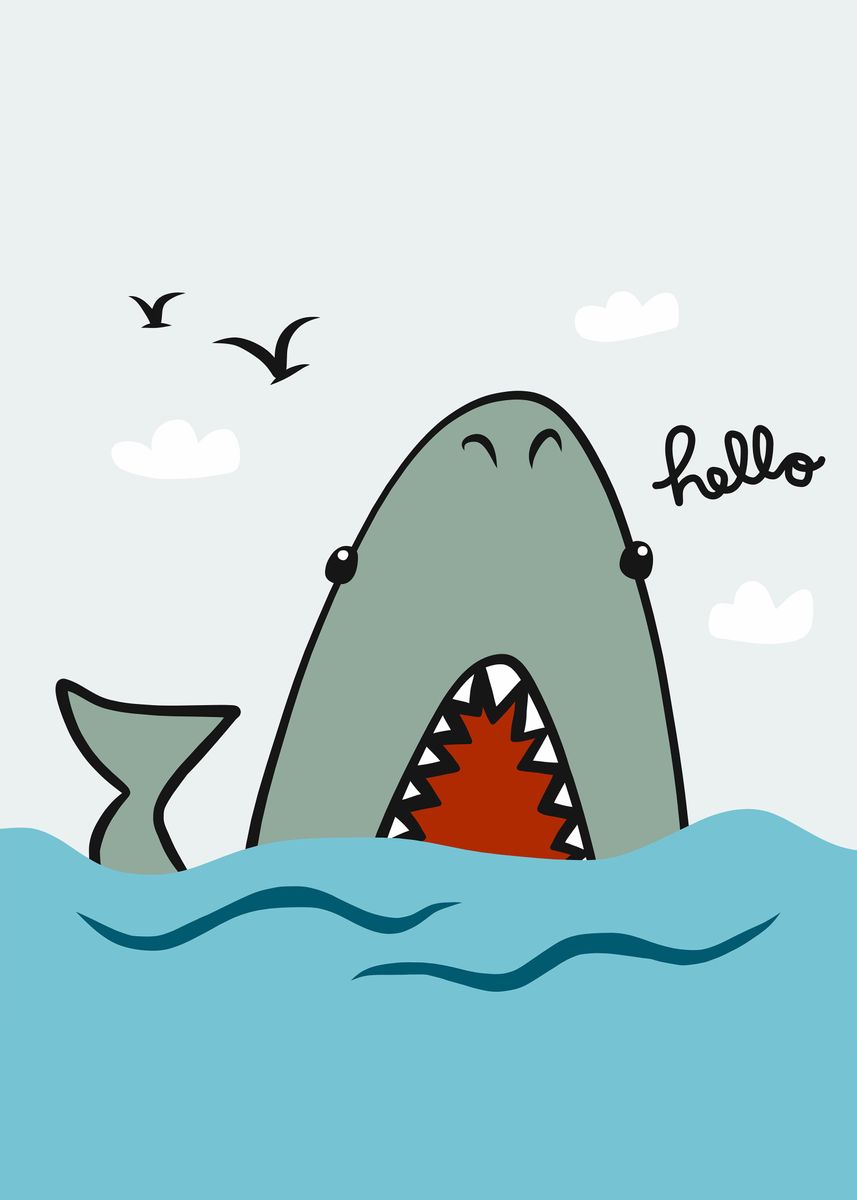 'Shark say hello cartoon ' Poster, picture, metal print, paint by ...