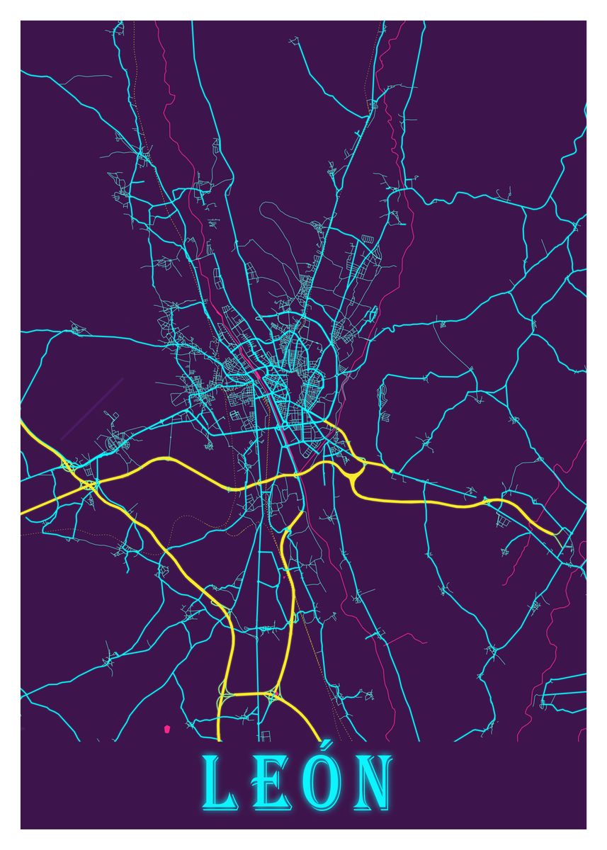'Leon Neon City Map' Poster, picture, metal print, paint by Tien ...