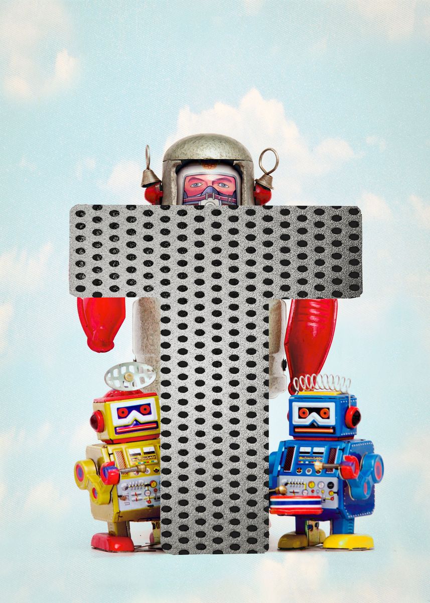 'Big letter T retro robot ' Poster, picture, metal print, paint by ...