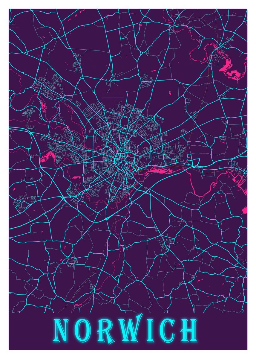 'Norwich Neon City Map' Poster, picture, metal print, paint by Tien ...
