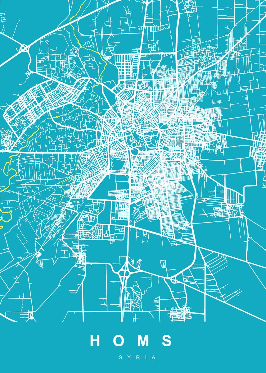 'HOMS Map Art Syria Blue' Poster by UrbanMaps | Displate