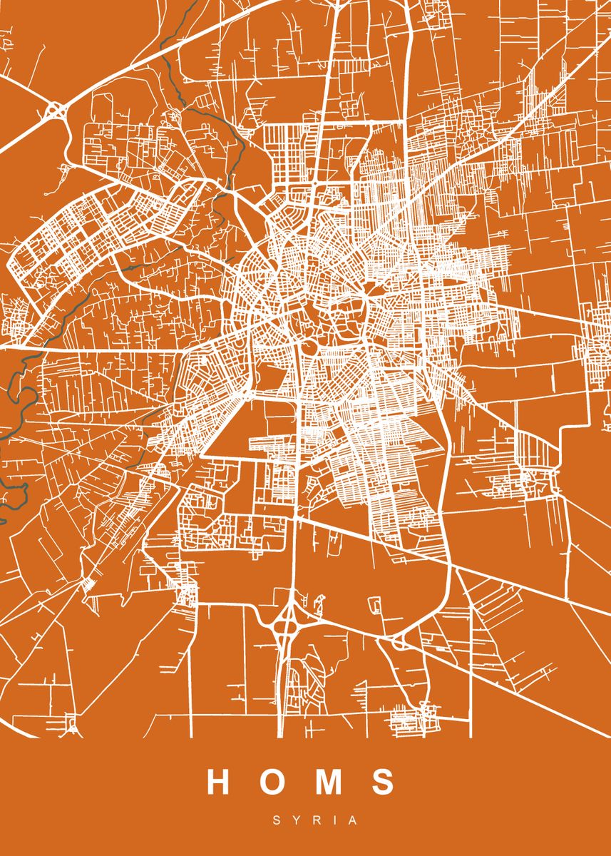'HOMS Map Art Syria Orange' Poster by UrbanMaps | Displate