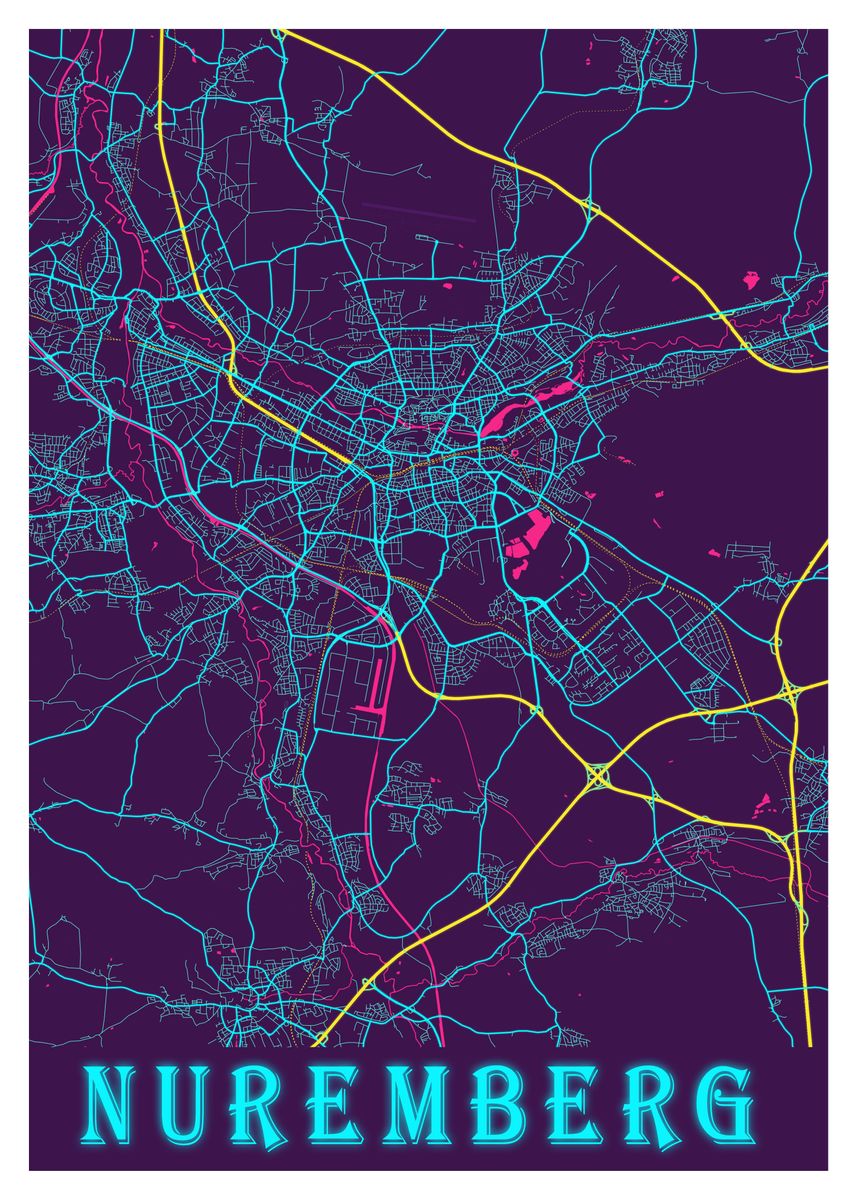 'Nuremberg Neon City Map' Poster, picture, metal print, paint by Tien ...
