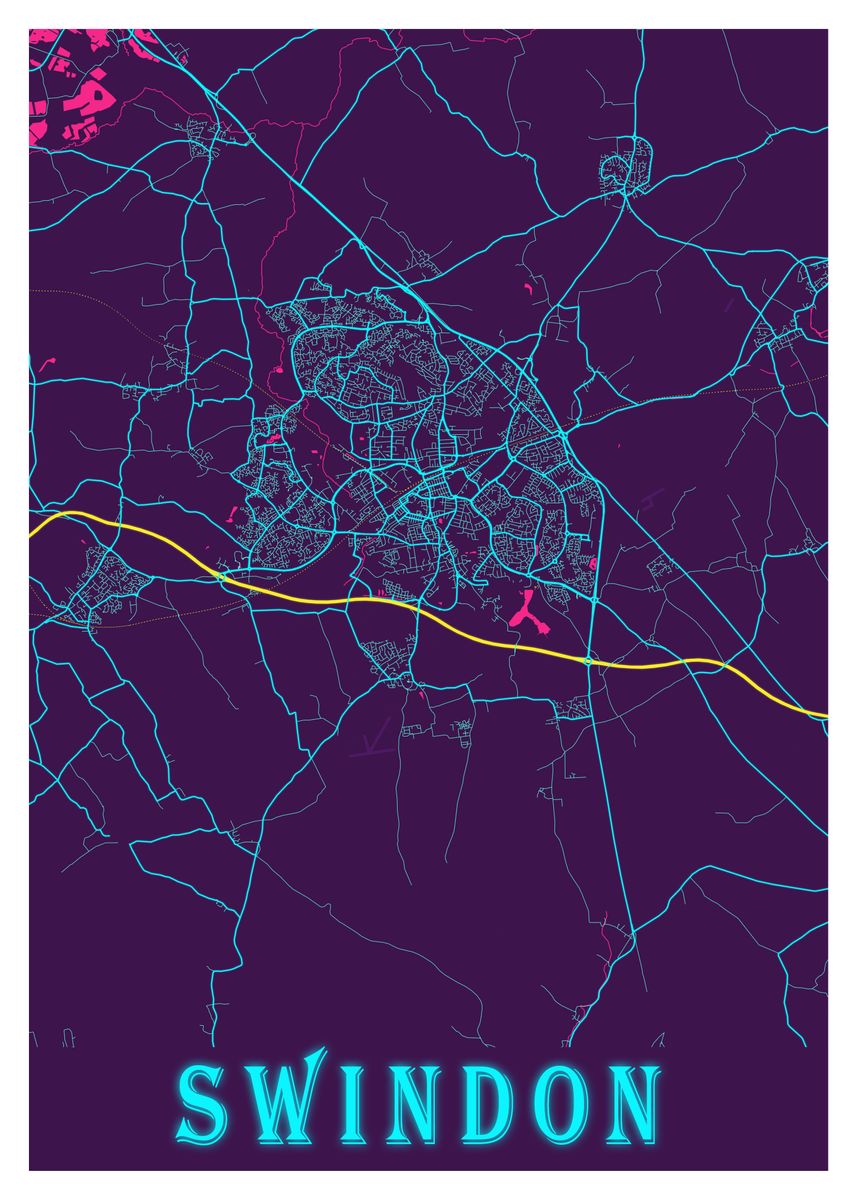 'Swindon Neon City Map' Poster, picture, metal print, paint by Tien ...