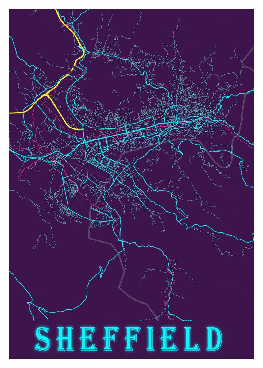 'Sheffield Neon City Map' Poster, picture, metal print, paint by Tien ...