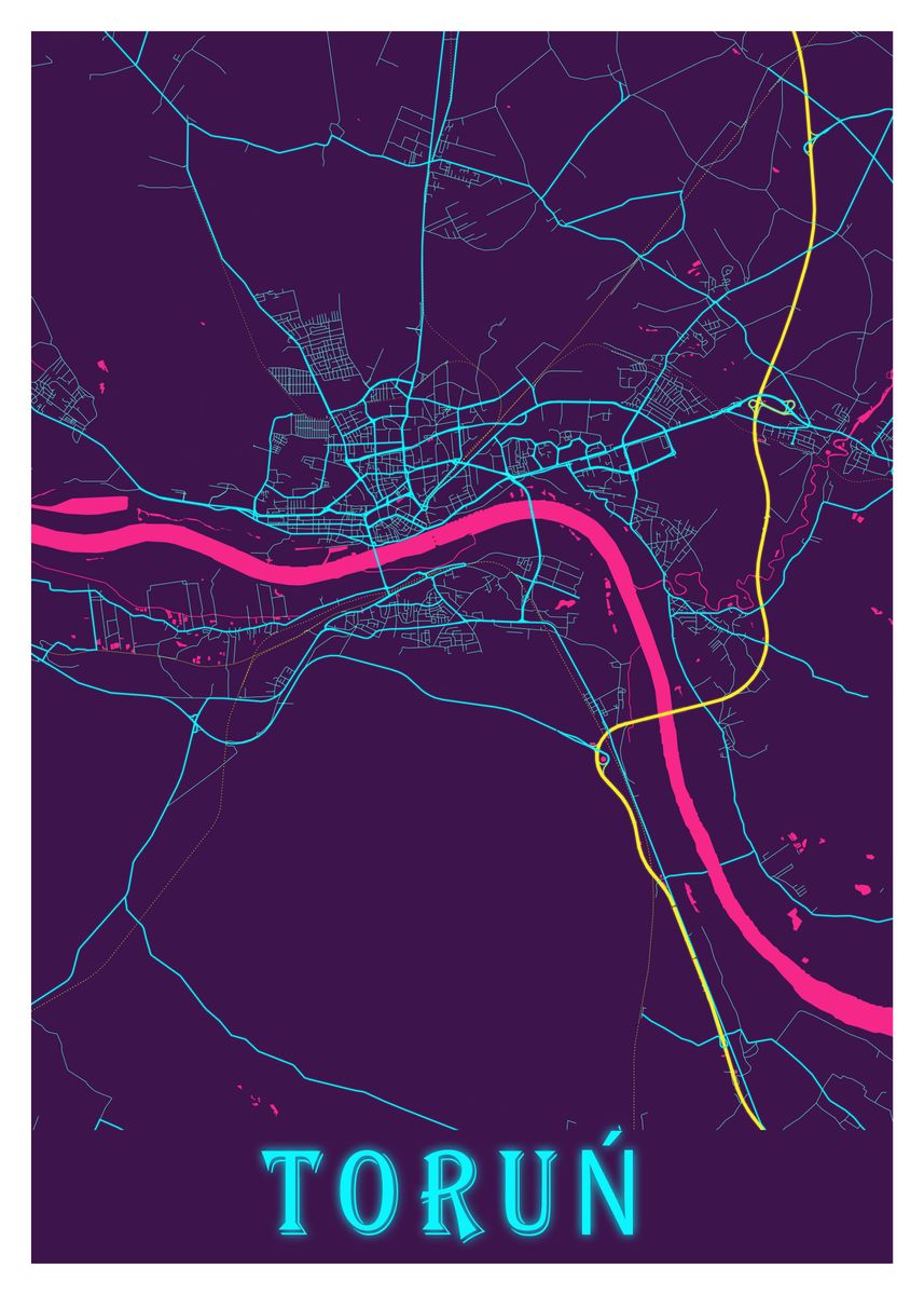 'Torun Neon City Map' Poster, picture, metal print, paint by Tien ...