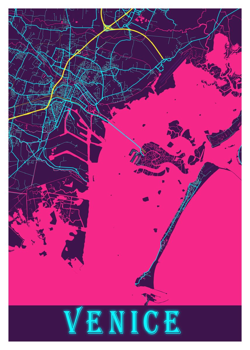 'Venice Neon City Map' Poster by Tien Stencil | Displate