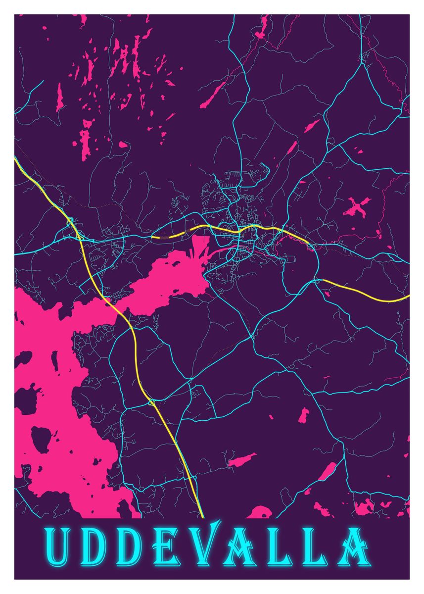 'Uddevalla Neon City Map' Poster by Tien Stencil | Displate