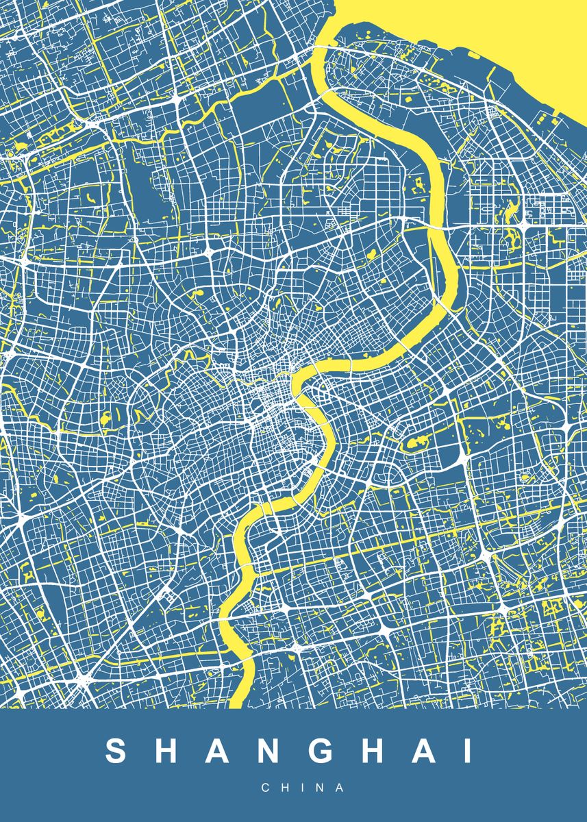 'SHANGHAI Map China Blue' Poster, picture, metal print, paint by ...