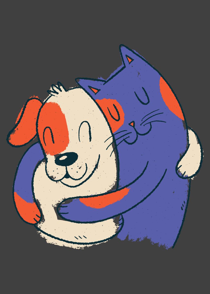 'CAT DOG HUGGING' Poster, picture, metal print, paint by ...