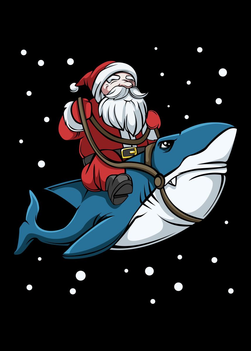 'Santa Riding Shark Adorabl' Poster, picture, metal print, paint by ...